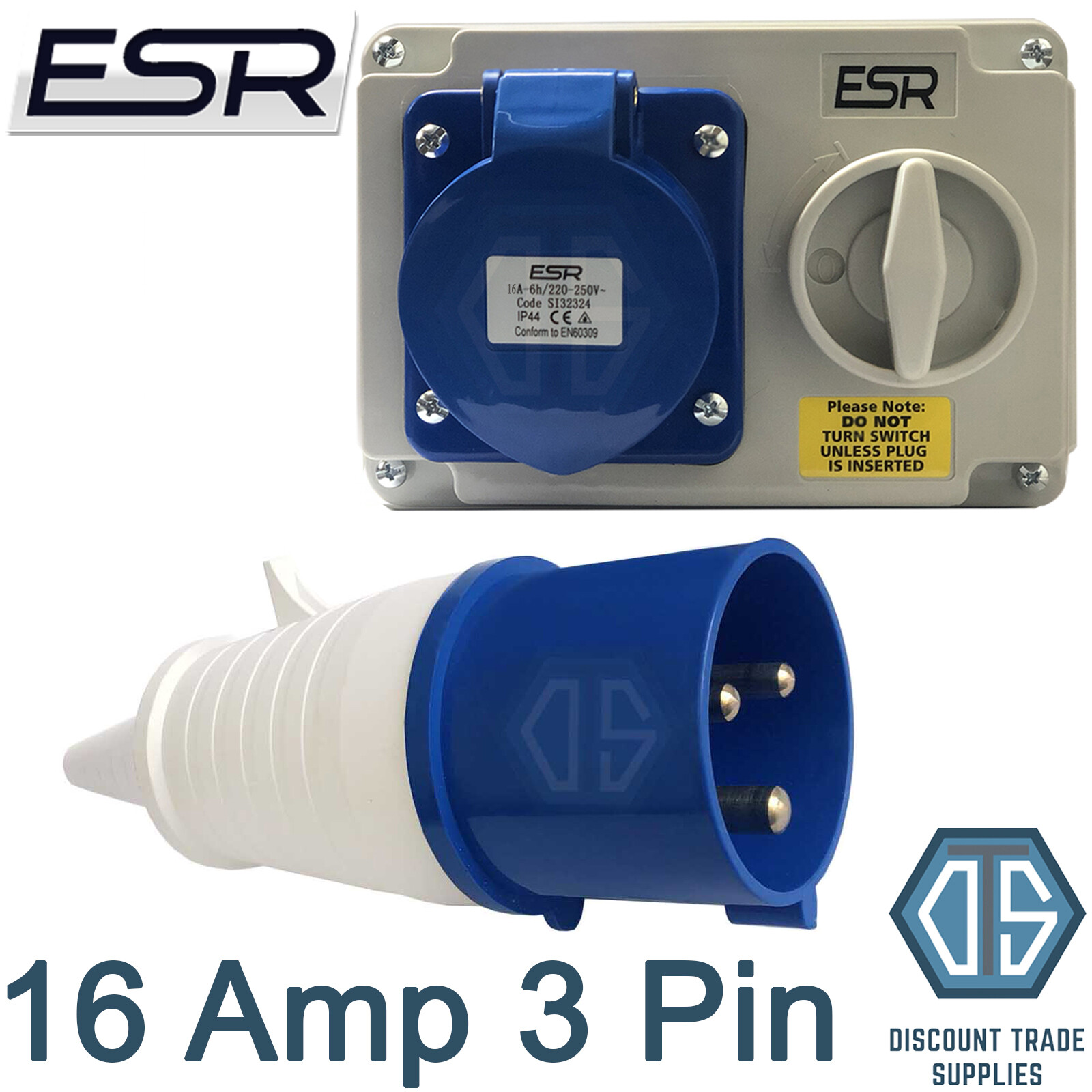16 Amp 3 Pin Interlock Socket Switch with Industrial Trailing Plug IP44 ...