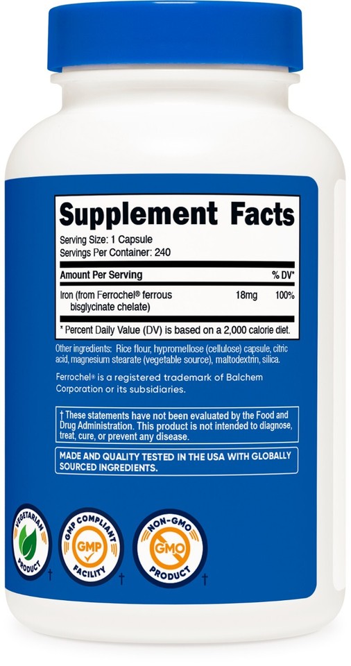 Nutricost Chelated Iron (from Ferrochel) 18mg, 240 Capsules - GMO Free ...