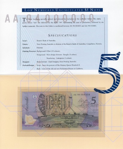 1994 AUSTRALIA $5 & $10 BANKNOTES IN NPA FOLDERS - MATCHING SERIAL ...