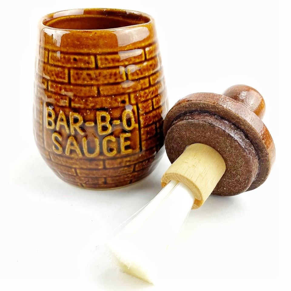 Vintage BBQ Bar B Q Barbecue Sauce Jar Lid Attached Brush Grill Baster ...