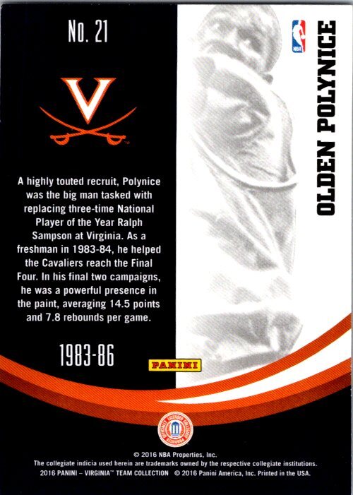 2016 Panini Virginia Cavaliers #21 Olden Polynice | eBay
