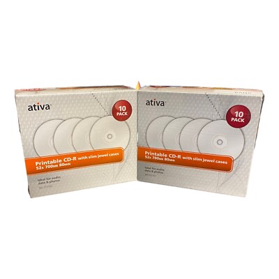 Lot Of 2 New Ativa Printable CD-R Slim Jewel Cases 52 X 700mb 80 Min 10 ...
