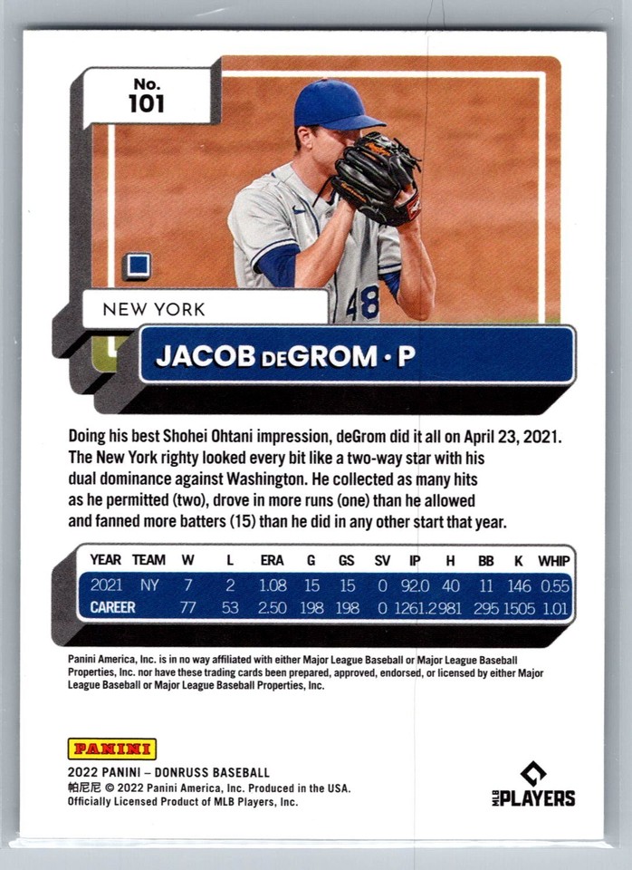 2022 Donruss Baseball #101 Jacob deGrom New York Mets | eBay