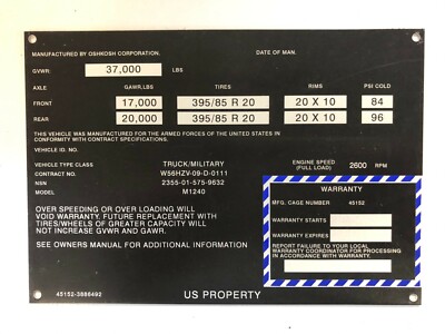 US Army OSHKOSH Truck Military Data Plate M1240 Plate Instruction | eBay
