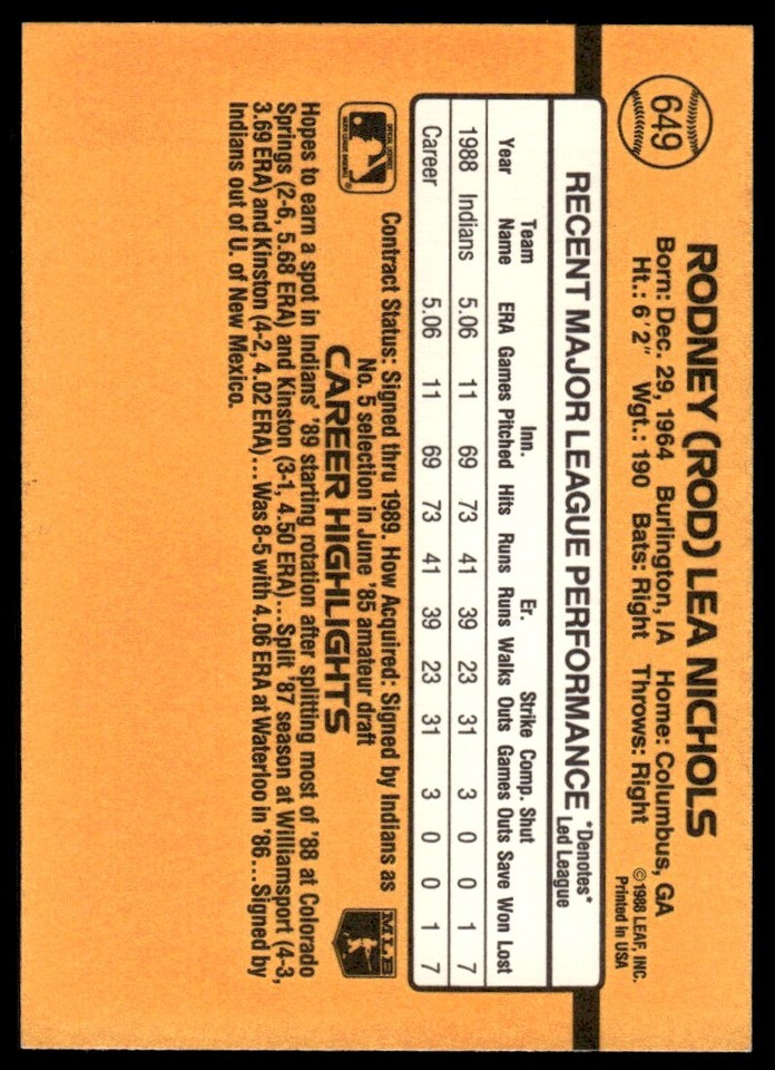 1989 Donruss Baseball Card Rod Nichols Cleveland Indians #649 | eBay