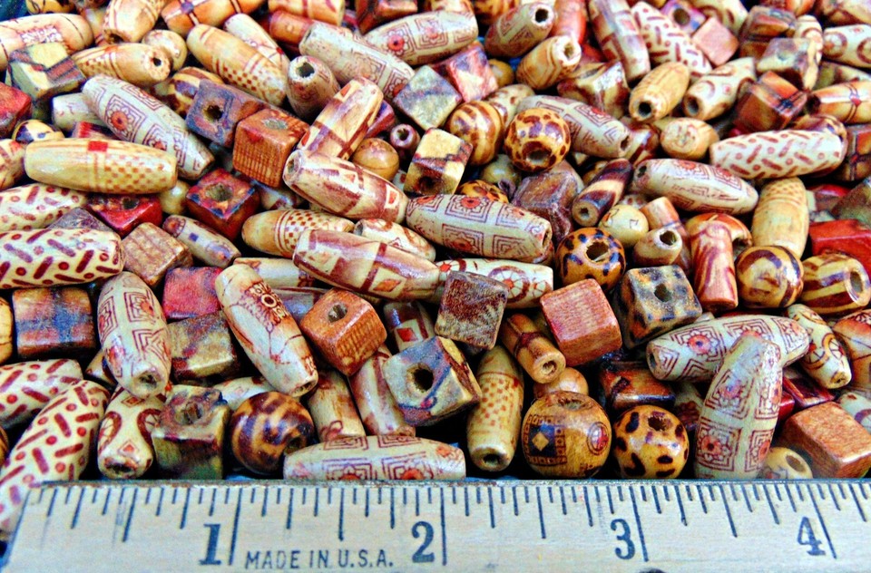 Wood BEADS ~ Mixed Shapes ~ Round ~ Tube ~ Oval Cube Browns w/ designs ...