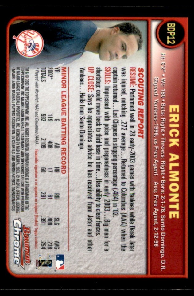 2003 BOWMAN DRAFT PICKS & PROSPECTS ERICK ALMONTE NEW YORK YANKEES # ...
