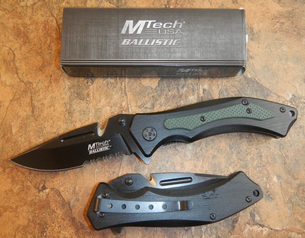 MTech BALLISTIC Assisted Opening Black Green BELT CUTTER ON BLADE ...