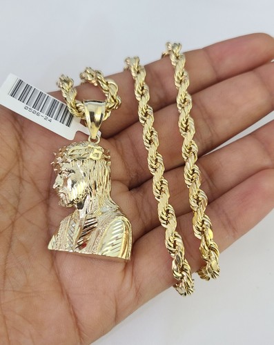 Real 10k Rope Chain Jesus Charm Necklace Pendant Set 5mm 20"-30" Inch ...