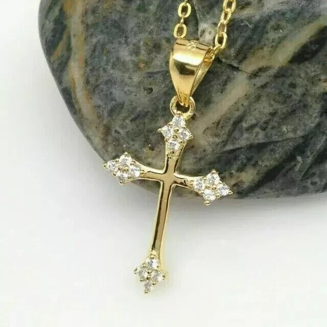 2Ct Round Cut Lab Created Diamond Cross Pendant Necklace 14K Yellow ...