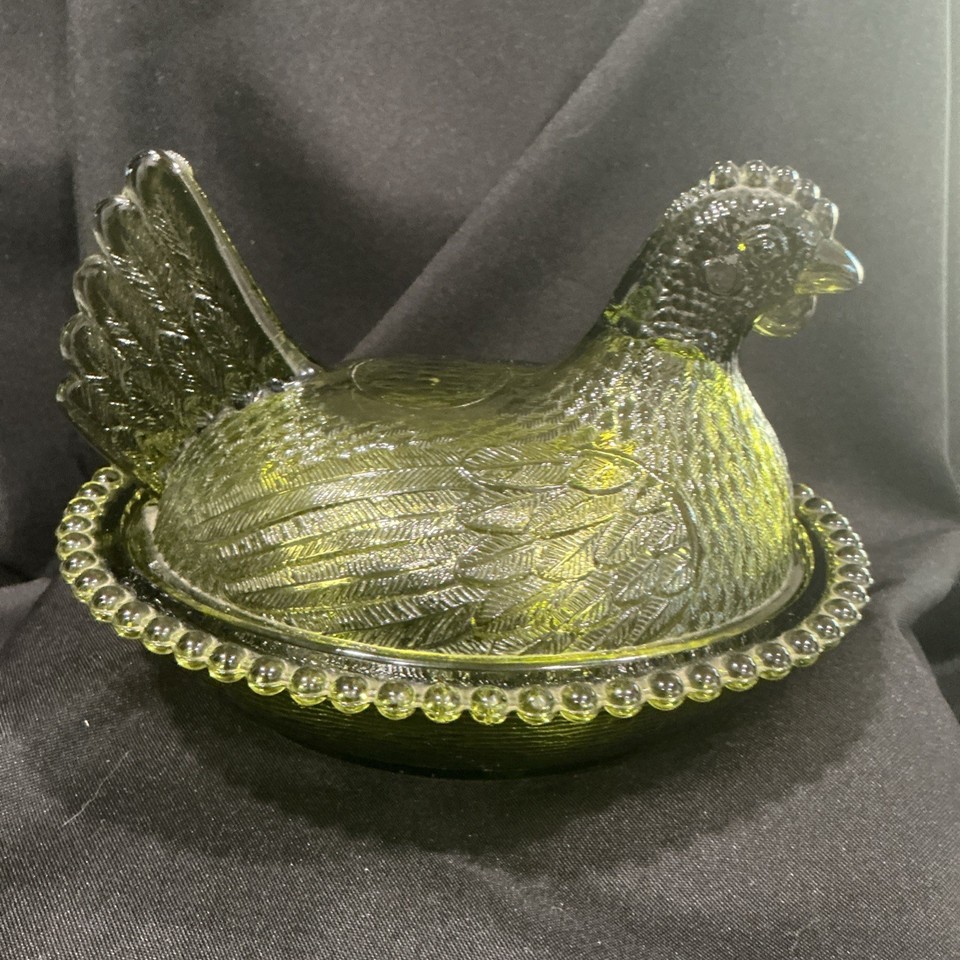 VINTAGE Indiana OLIVE Green Glass Hen On Nest 7 inch | eBay