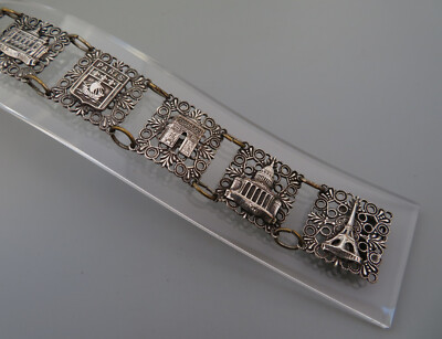 VINTAGE SILVER TONE PLATED METAL SOUVENIR LINKED PANEL BRACELET PARIS ...