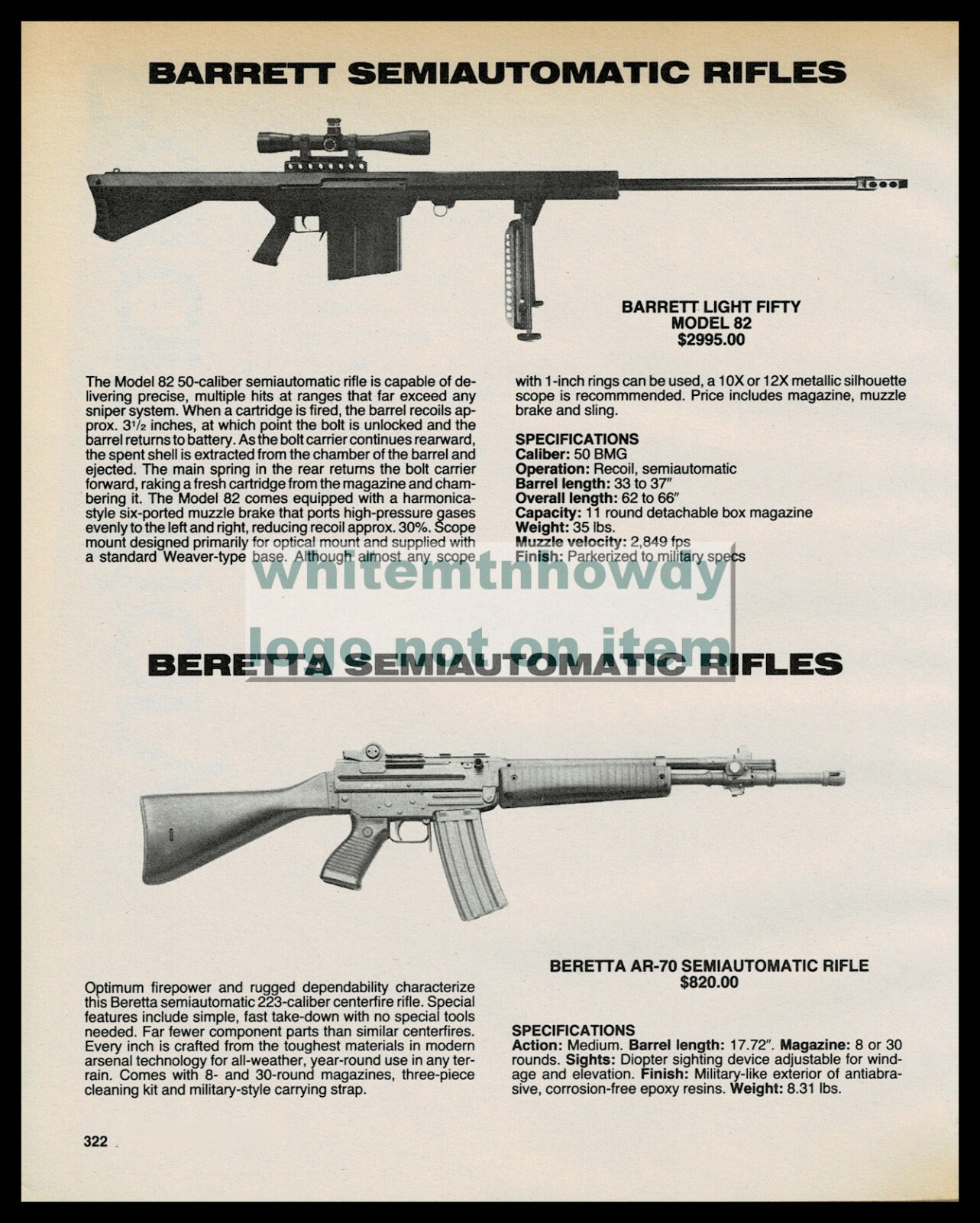 1986 BARRETT Light Fifty Model 82 BERETTA AR-70 Semiautomatic Rifle ...