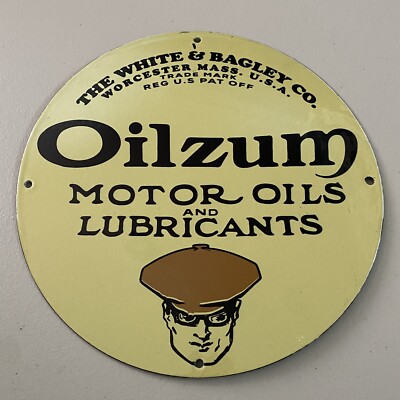 VINTAGE OILZUM WHITE & BAGLEY PORCELAIN SIGN GAS MOTOR OIL LUBRICANTS ...