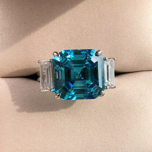 3CT Asscher Cut Lab Created Blue Diamond Women's Ring 14K White Gold ...