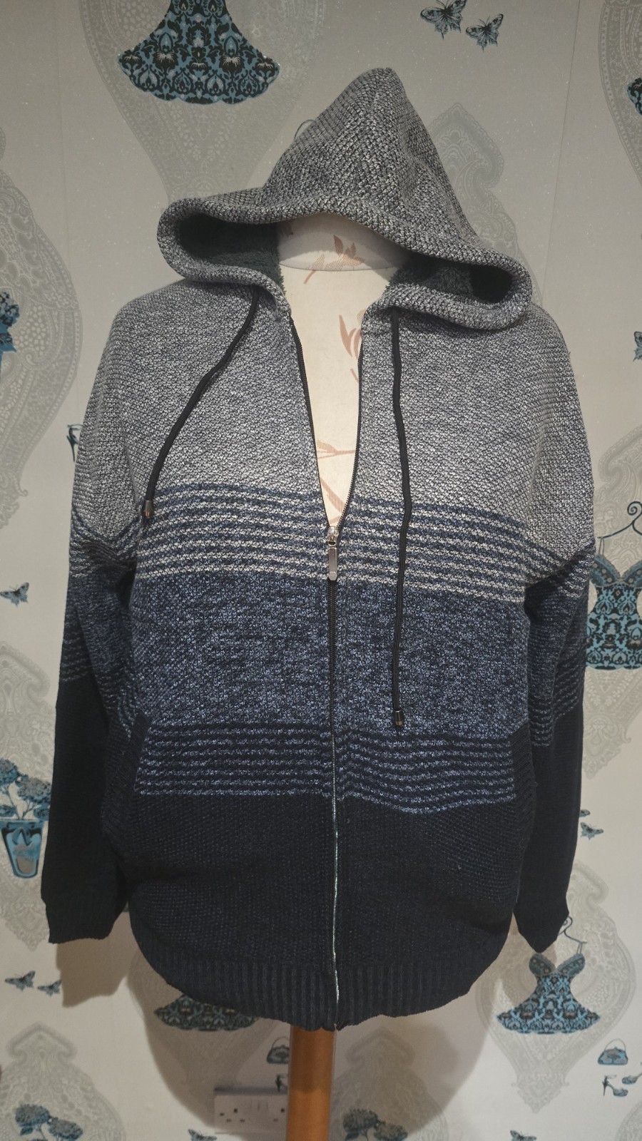 blue grey fleece lined zip front hooded cardigan with pockets, XL, 50 ...