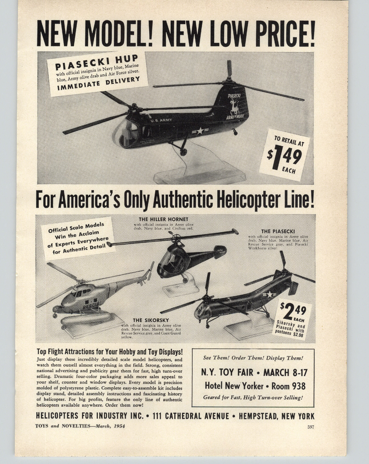 1954 PAPER AD Scale Model Piasecki Hup Helicopter Hiller Hornet ...