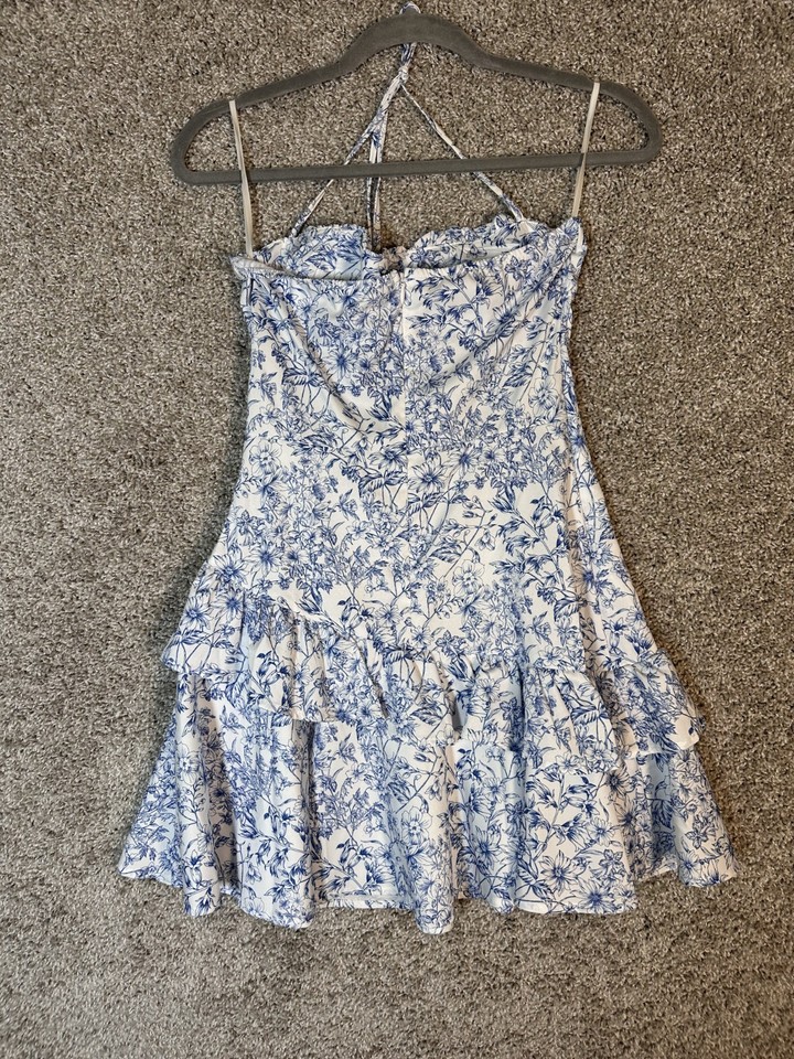 Shein Floral Halter Neck Mini Dress Size XS White Blue Ruffled Boho ...