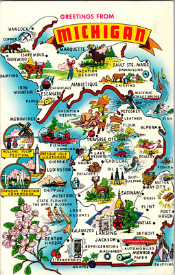 Vtg Postcard Greetings Michigan Map Wolverine State Postmarked 1958 | eBay