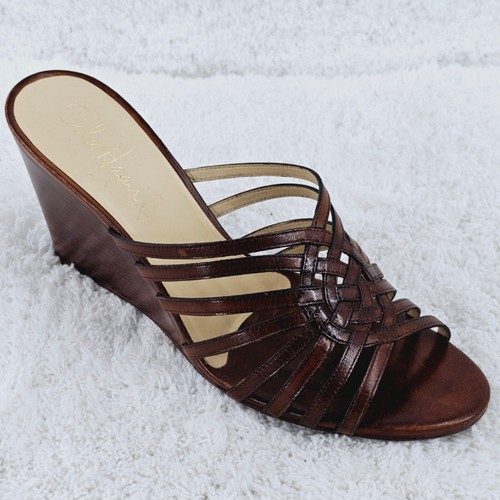 Cole Haan Strappy Brown Glazed Woven Leather Stacked Wedge Slides Size ...