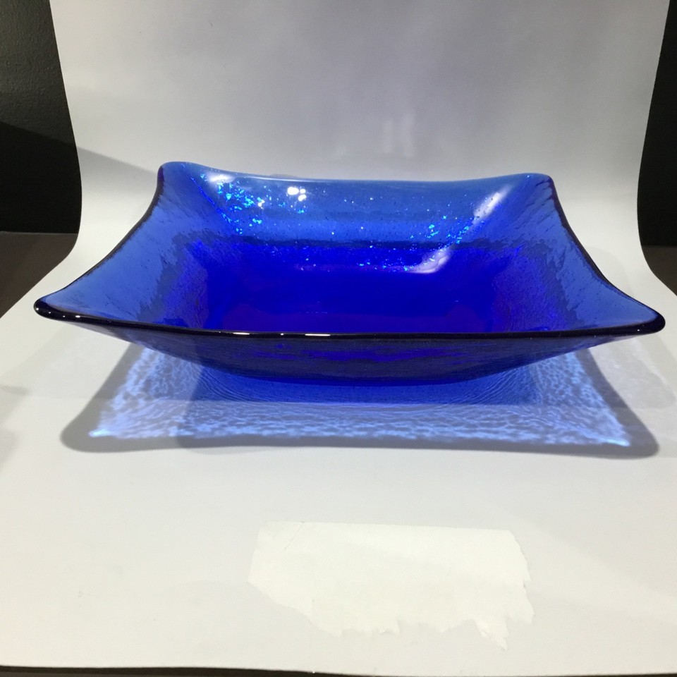 Bright blue possibly Slumped Kiln Fired Bowl with bubbles in the glass ...