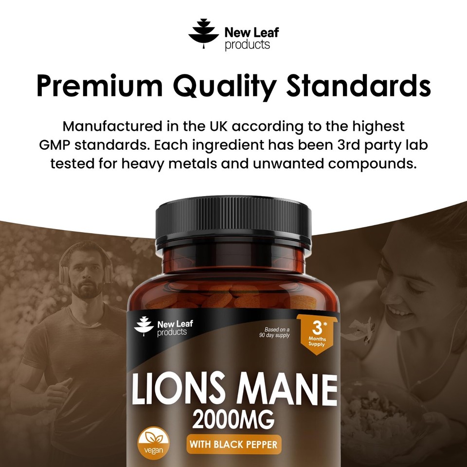 Lions Mane Extract Mushroom 2000mg - 180 High Strength Vegan Tablets UK ...