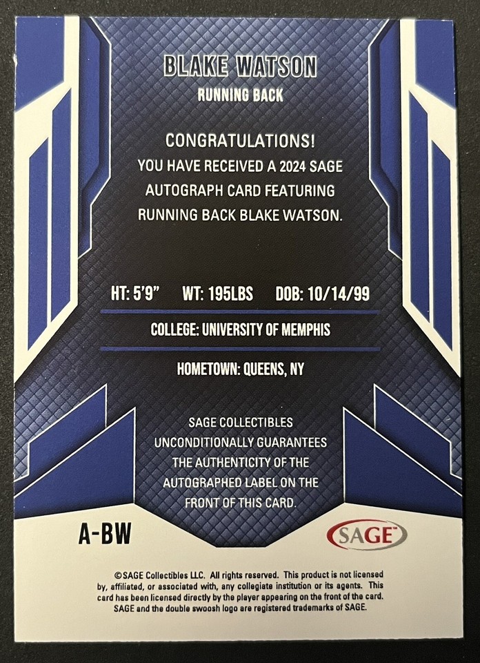 Blake Watson 2024 SAGE Red Autograph #A-BW Memphis Tigers / Denver ...