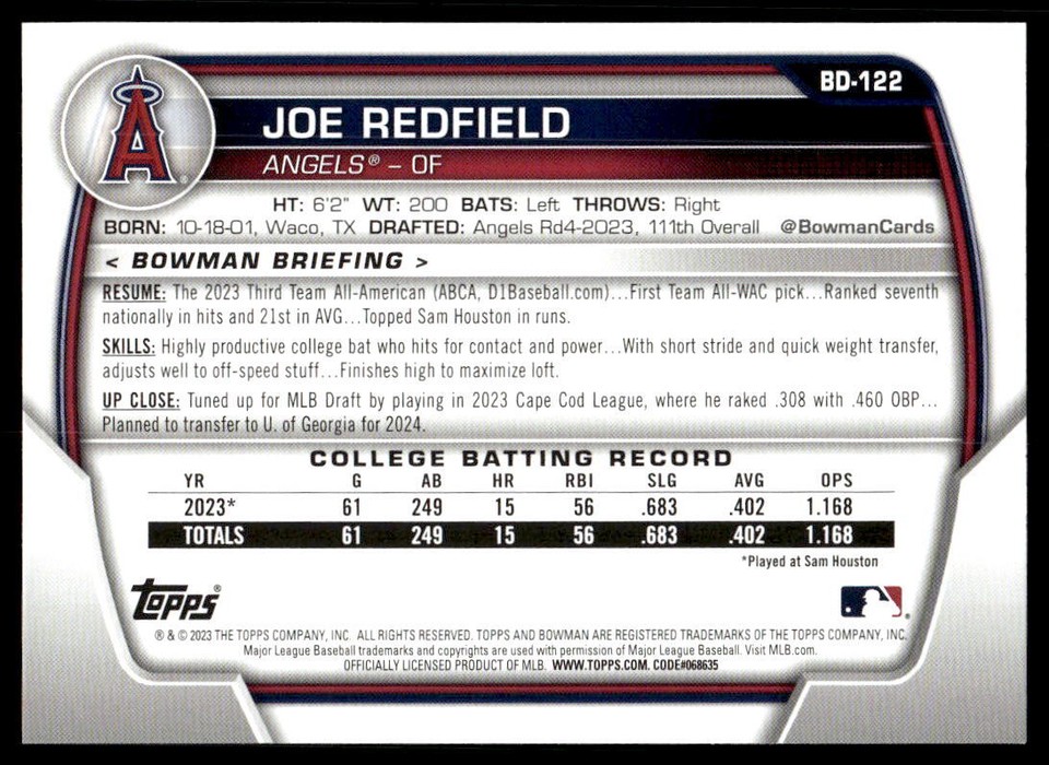 Joe Redfield 2023 Bowman Draft BD-122 Los Angeles Angels SN Baseball ...