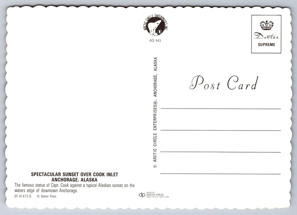 Vtg Postcard- Capt Cook Statue Sunset Anchorage Alaska Cook Inlet Dann ...