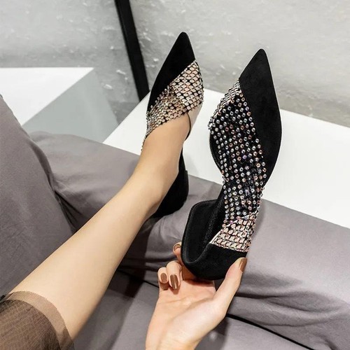 Women Point Toe Rhinestone Hollow Pumps Shoe Flats Slip On Party ...