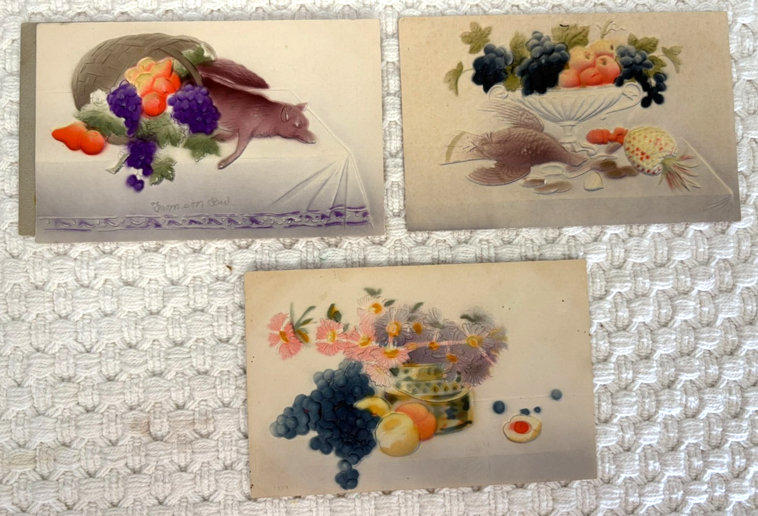 Lot of 3 Still Life Postcard Fox, Game Bird Fruits Airbrushed Embossed ...