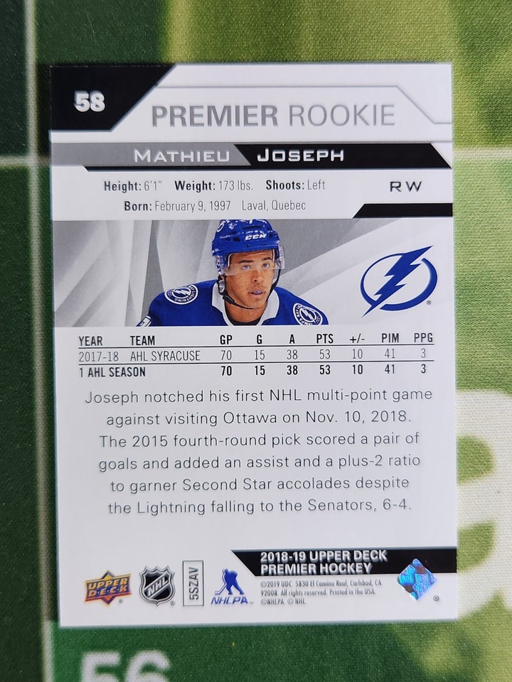 2018-19 Upper Deck Premier Premier Rookie /299 Mathieu Joseph #58 ...