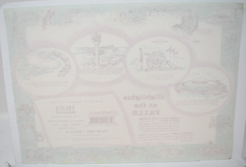 1950s Felice Restaurant Placemat 7270 Pine Avenue US-62 Niagara Falls ...