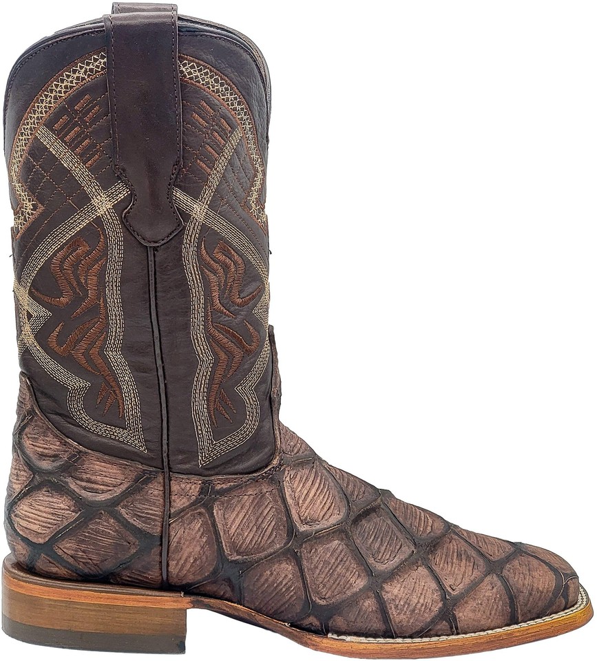 Men Genuine Leather Pirarucu Mate Print Western Wide Square Toe Brown ...