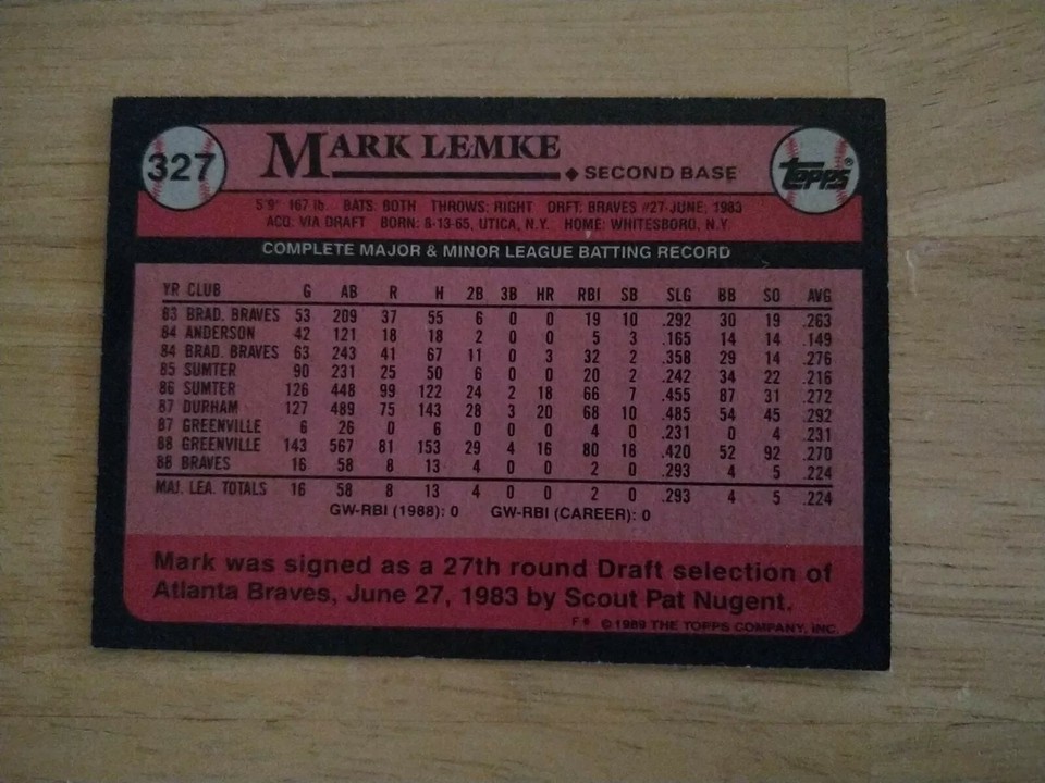 1989 Topps #327 Mark Lemke Baseball Card Rookie Atlanta Braves | eBay