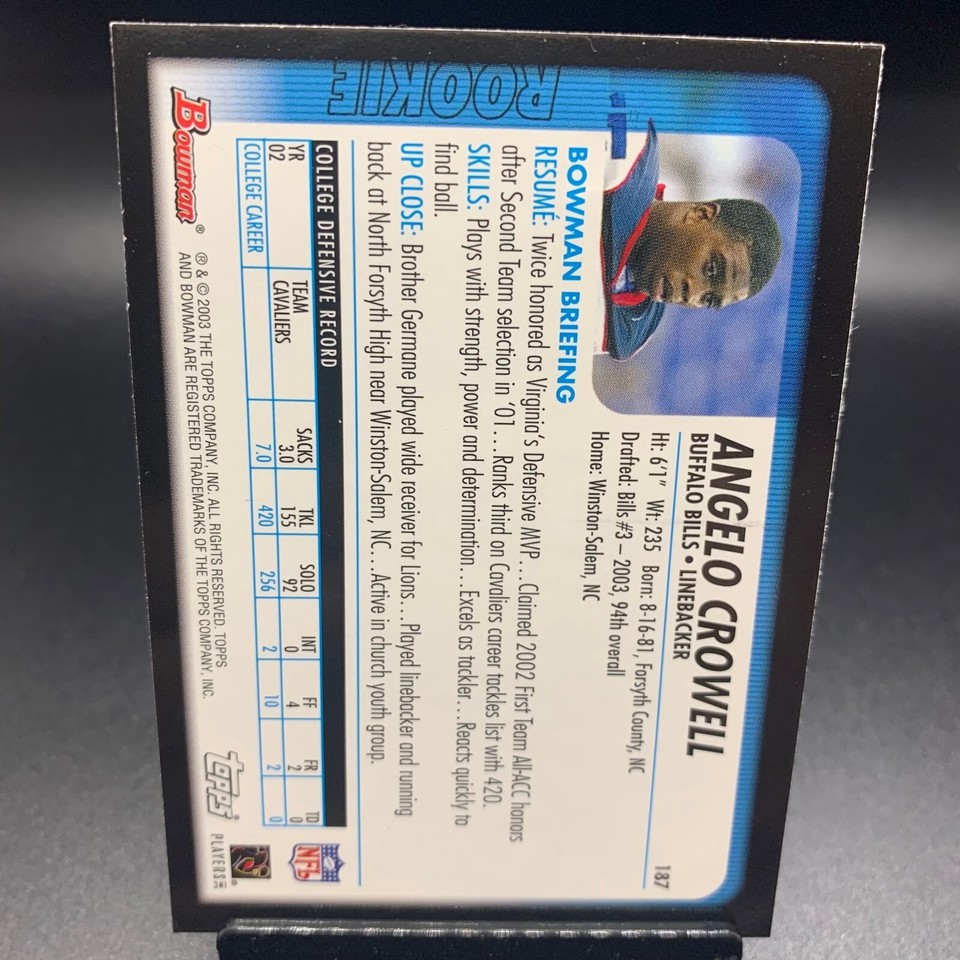 2003 Bowman Football #187 Angelo Crowell Rookie RC Buffalo Bills | eBay