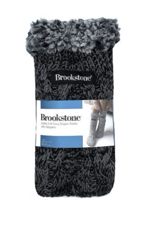Brookstone Women's Cable Knit Cozy Slipper Socks/ Grippers Black Size 4 ...
