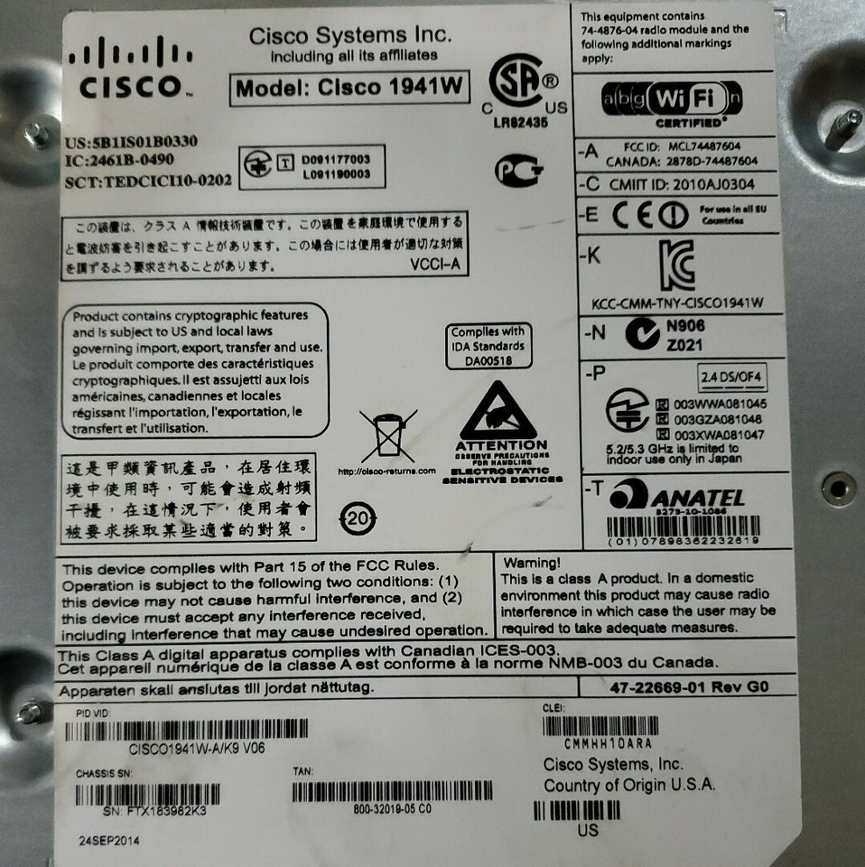 Cisco CISCO1941W-A/K9 V06 Wireless Lan Integrated Services Modular ...