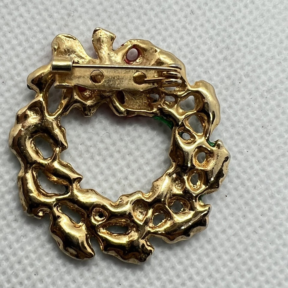 Gold Tone Enamel Wreath Round Brooch Pin Green Red Christmas Holiday | eBay