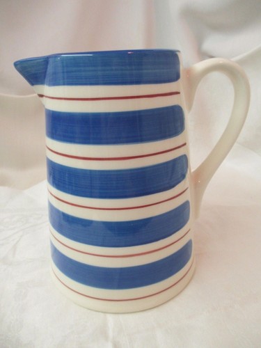 Rayware large pottery Pitcher Farmhouse Blue with red stripes | eBay