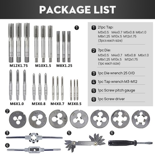 32 Pieces Tap and Dies Set Split Dies Metric Screw Threads Cutting ...