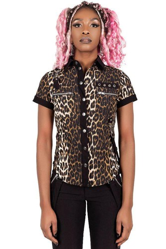 Killstar Cat Meow Leopard Print Punk Gothic Button Up Shirt Blouse ...