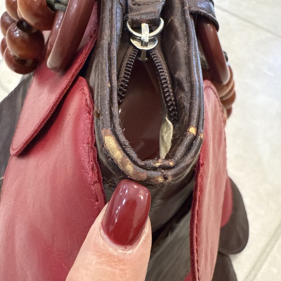 VTG Fish Scale Purse Wooden Top Handle Boho Shoulder Bag Red Brown ...
