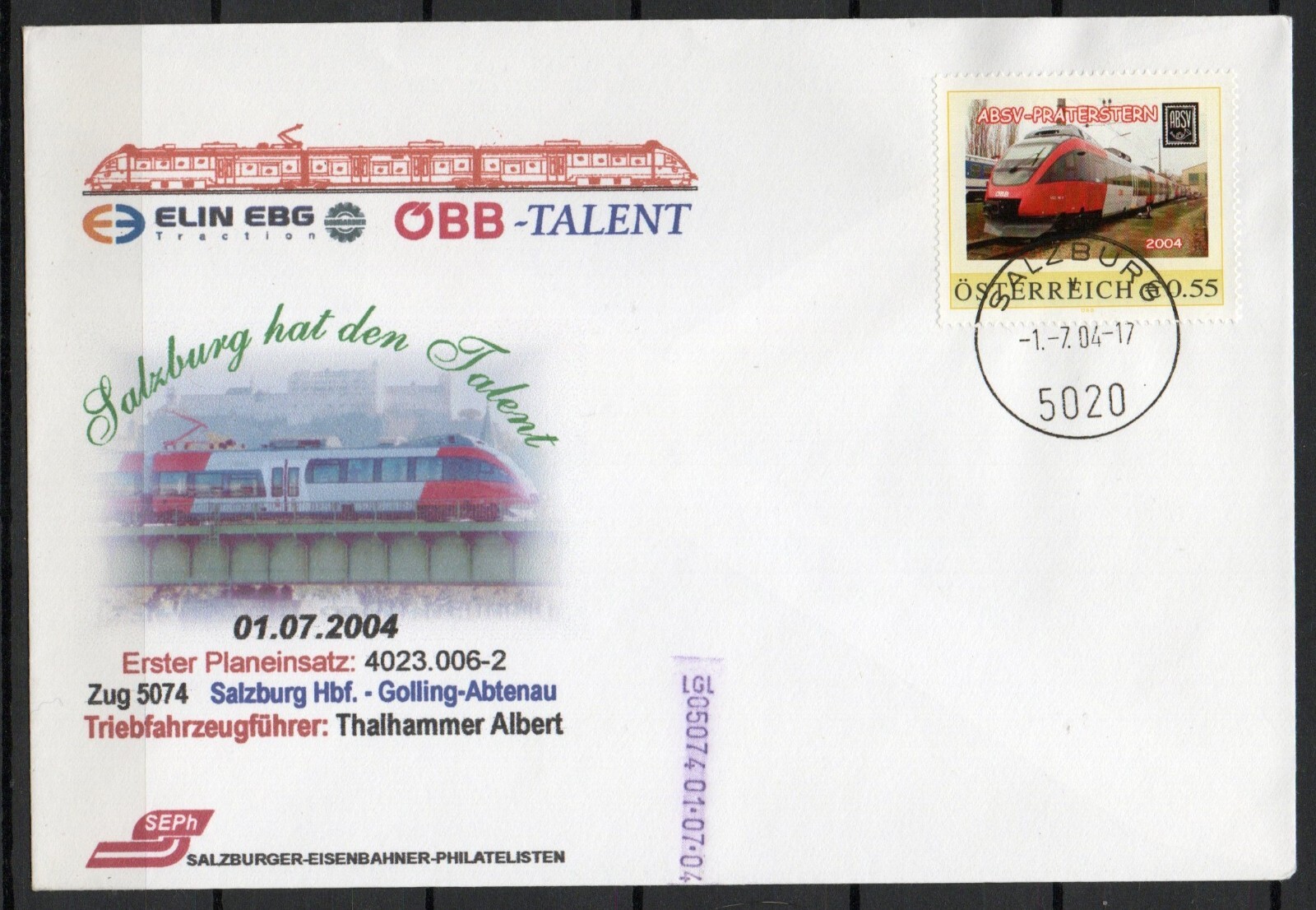 Österreich-Bahnpost Beleg-Privatpost ÖBB "Talent" Erstfahrt mit ...