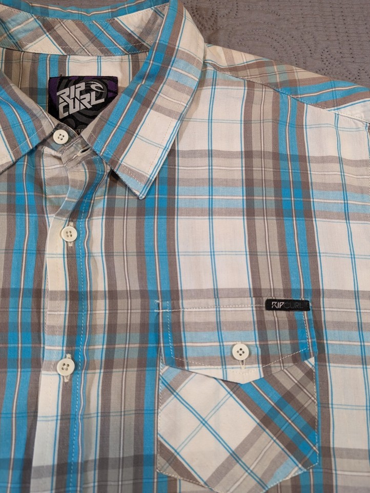 Rip Curl Men's XL Button-Down Shirt Logo Tags Plaid White Blue Gray ...