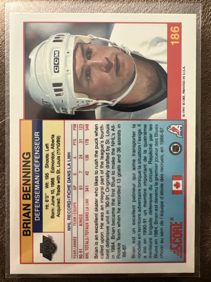 1991-92 Score Canadian Bilingual #186 Brian Benning, Los Angeles Kings ...