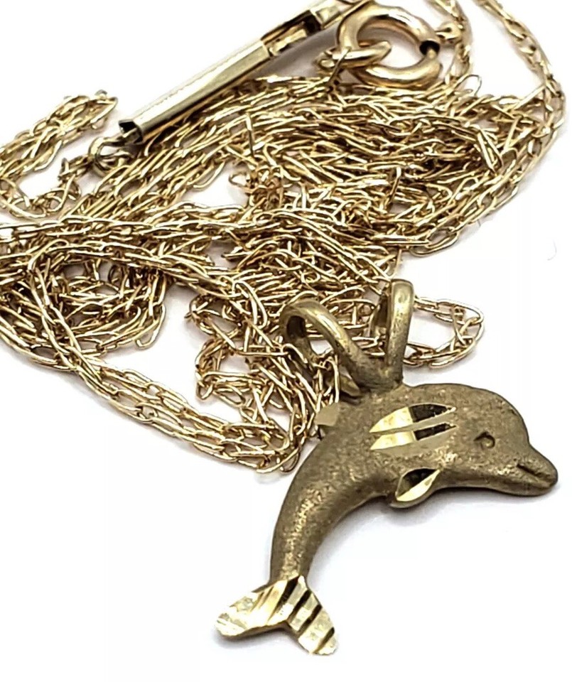 14k Yellow Gold Textured Dolphin Pendant & 14K Yellow Gold Necklace ...