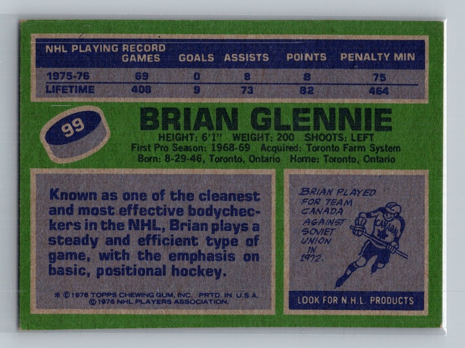 1976-77 Topps Brian Glennie #99 - Toronto Maple Leafs - EX to EX+ | eBay