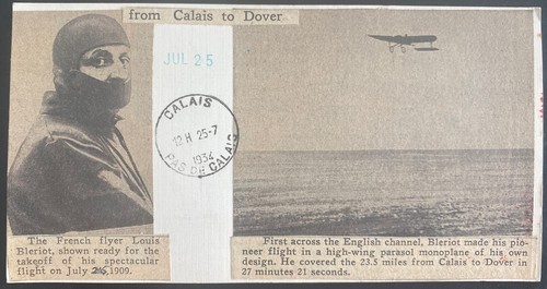1934 Calais France Airmail Anniversary Souvenir Bleriot World Flight PC ...