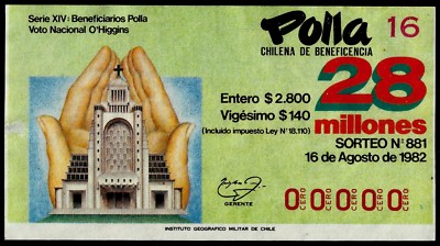 CHILE, LOTTERY TICKET, "POLLA CHILENA", GAME # 881, YEAR 1982, NUMBER ...